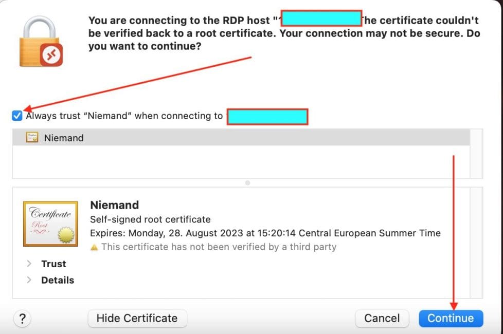 Connecting to the RDP host: Fix the Certificate could not be verified back to the root ...