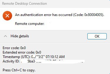 Fix Remote Connection Issue: An Authentication Error Has Occurred with Code 0x80004005 ...