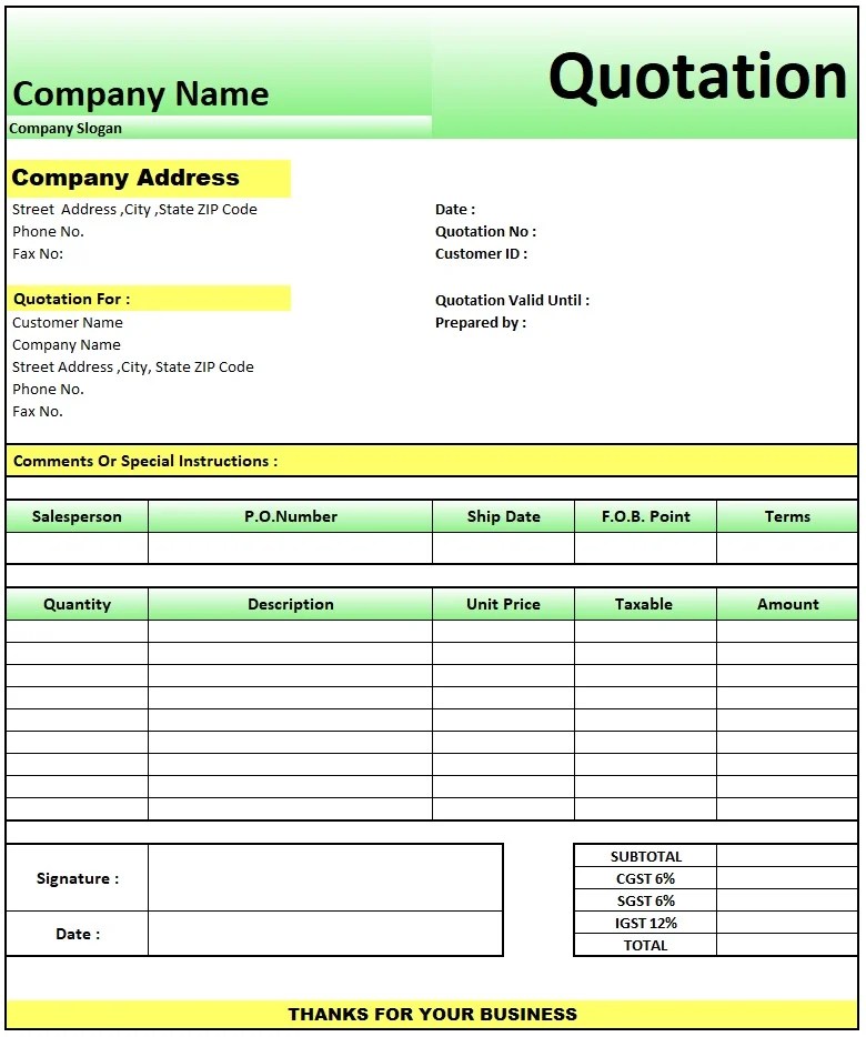 GST Quotation Format In Excel | Download Quotation Format in Excel