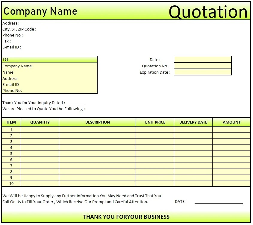 Quotation Format Pdf | Download Quotation Format in Excel