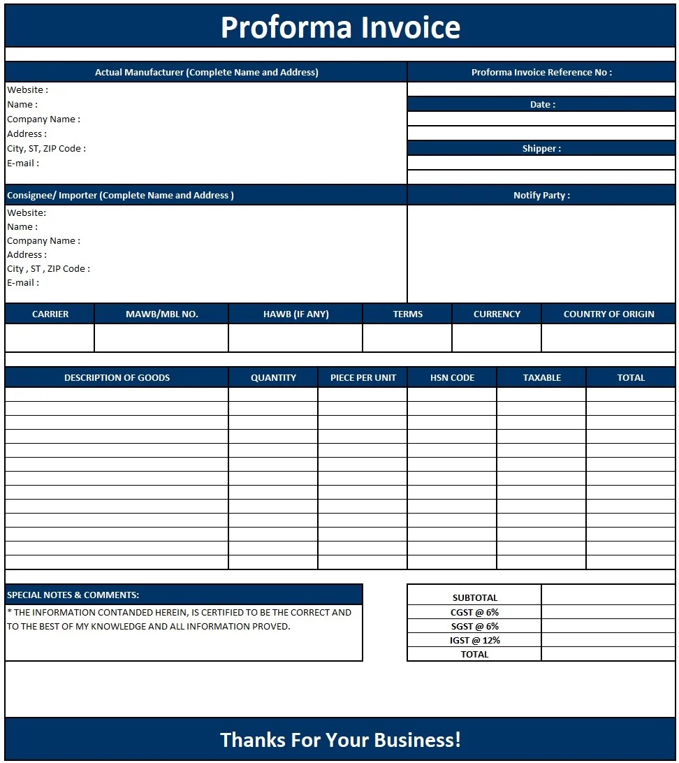 Proforma Invoice Template