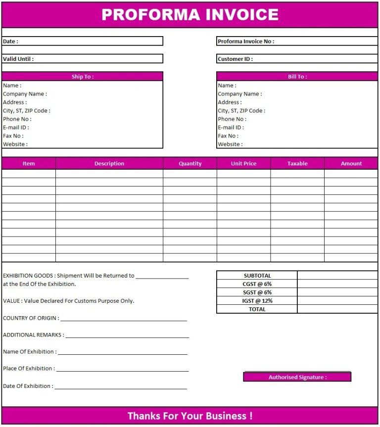 Proforma Invoice Format in Excel Sheet Free Download .xls