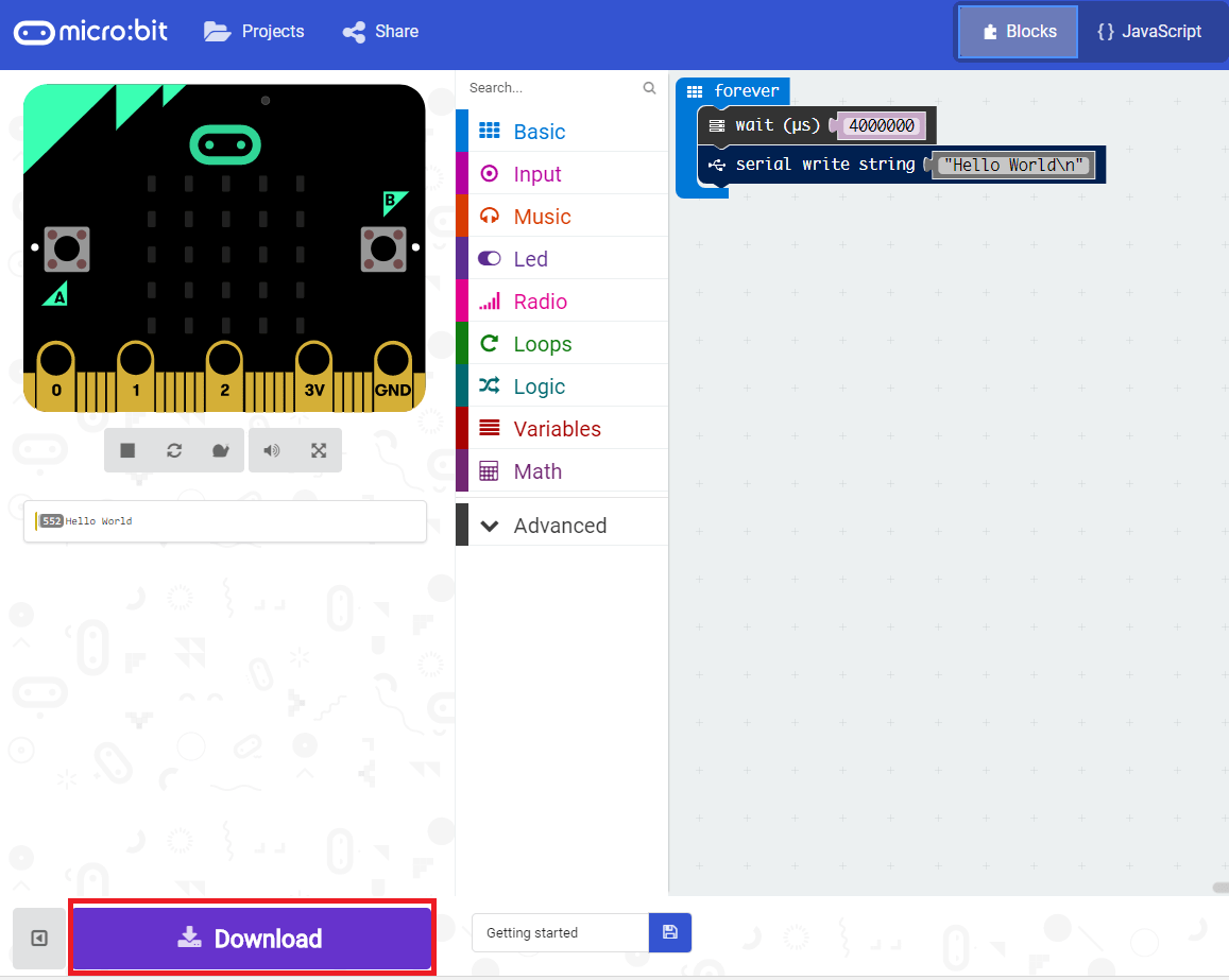 Micro:bit JavaScript Blocks Editor: Hello World – techtutorialsx