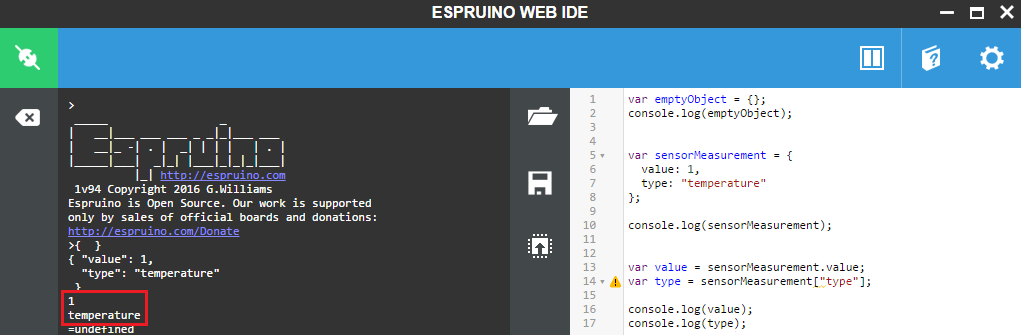 ESP32 Espruino: Creating simple JavaScript objects - techtutorialsx