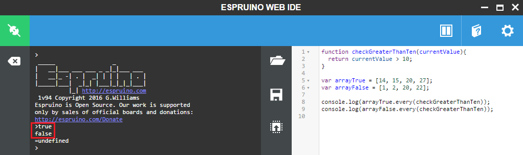 ESP32 Espruino: Array every method - techtutorialsx
