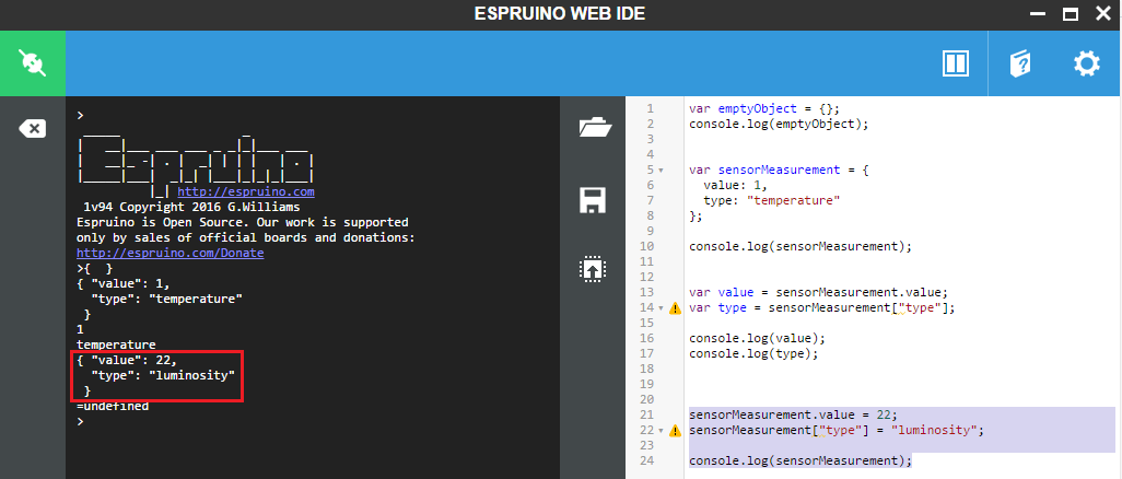 ESP32 Espruino: Creating simple JavaScript objects - techtutorialsx