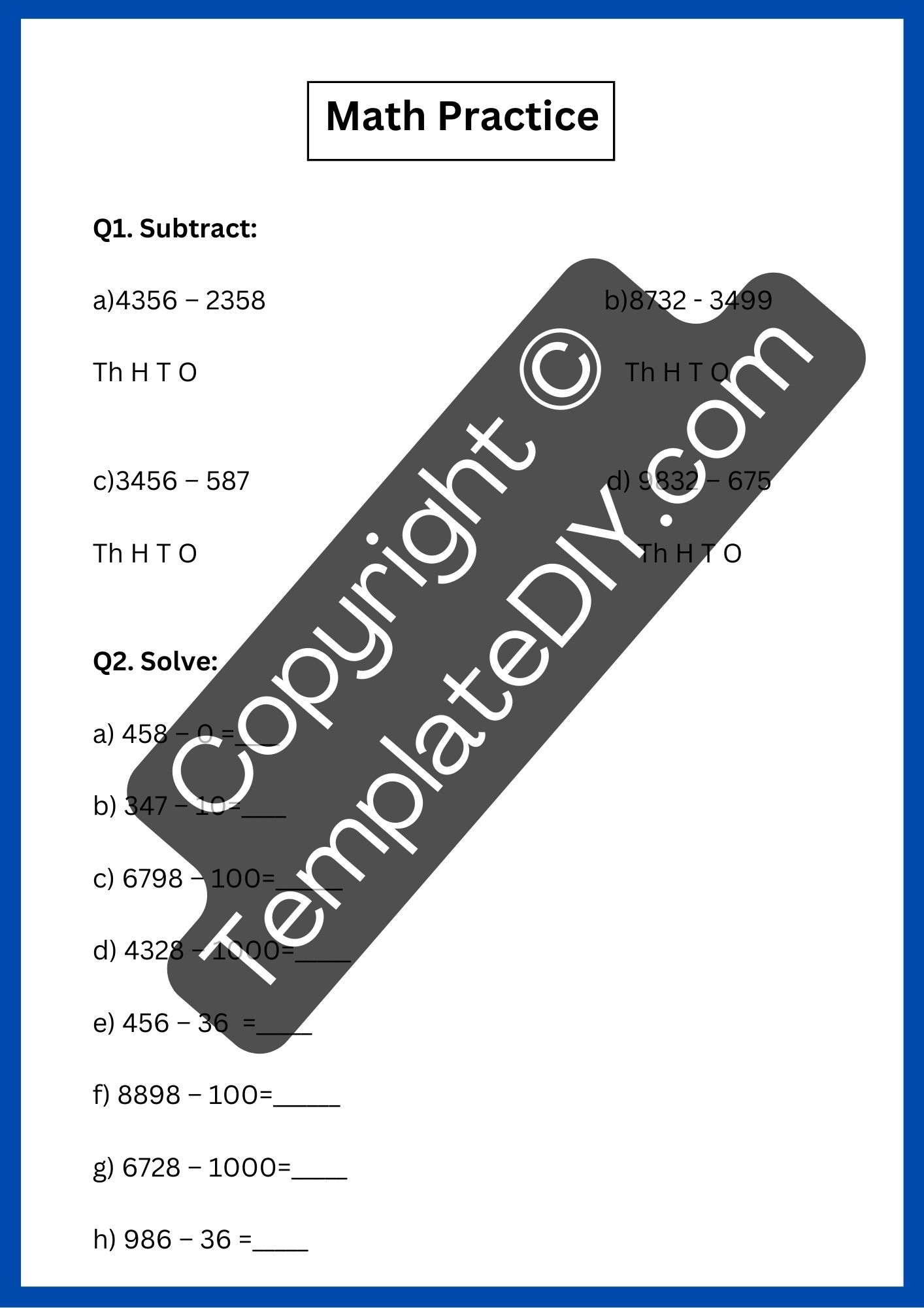 3rd Grade Math Worksheets Template Printable PDF, Word