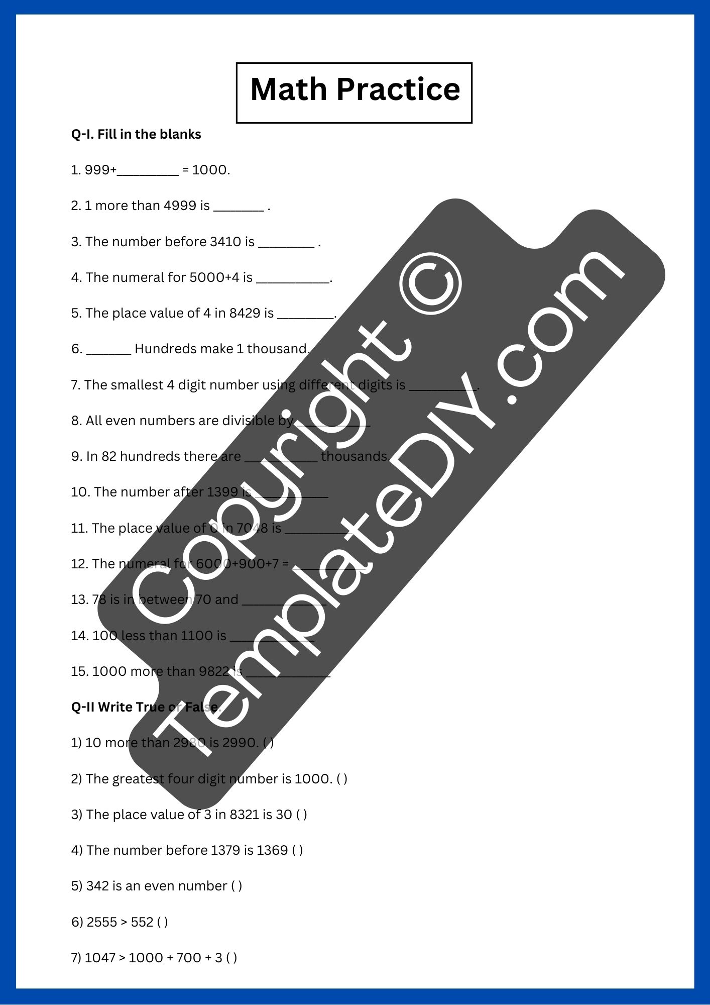 3rd Grade Math Worksheets Template Printable PDF, Word