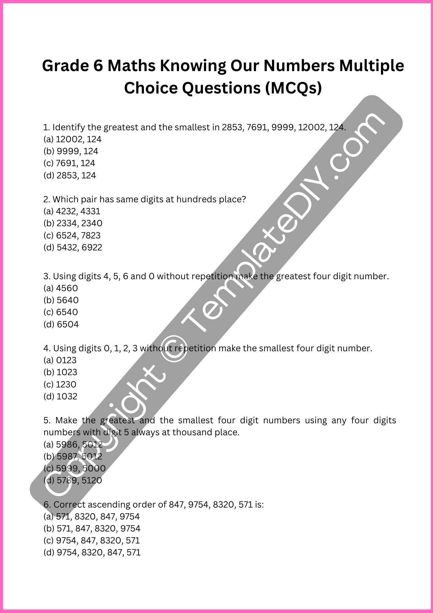 6th Grade Math Worksheets Printable Template PDF, Word