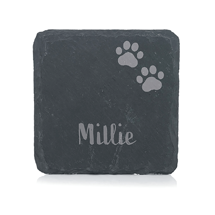 Personalised Dogs Pawprint Name Slate Coaster Set | 100mm Sq - TheDoghouse