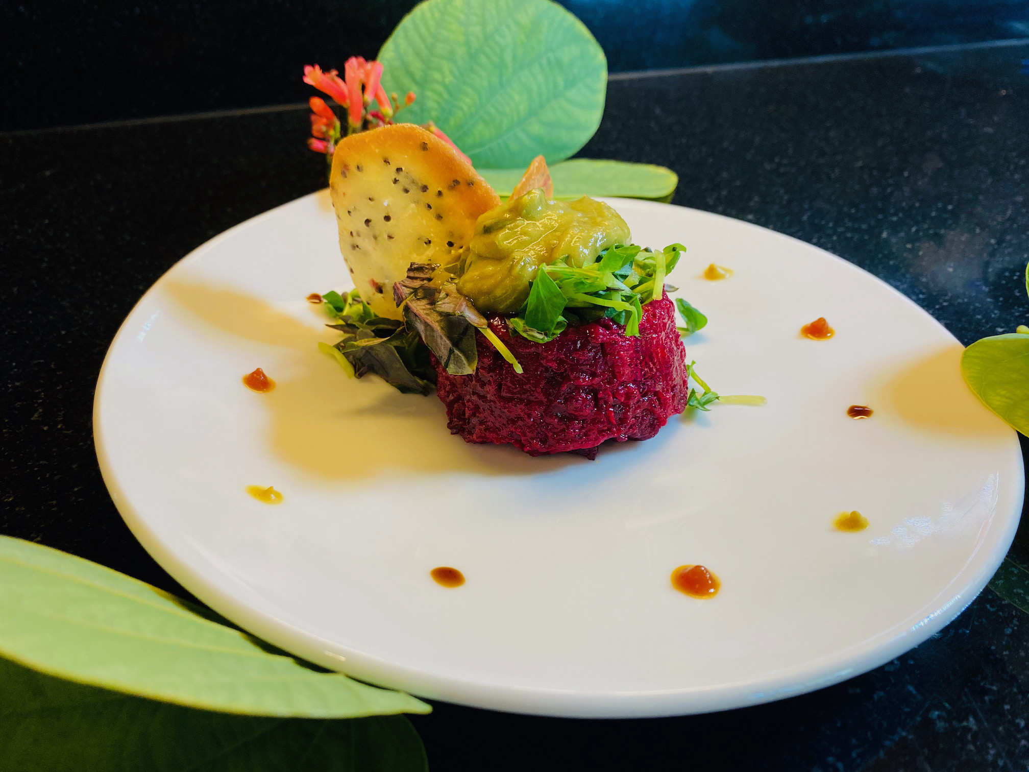 Beet/Apple Tartar with Jalapeño Cream Sauce herbs and Mustard Seed Pink ...