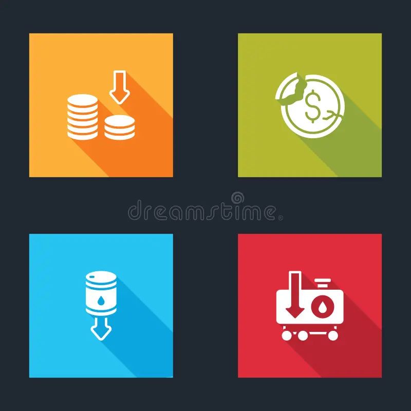 Set Line Drop In Crude Oil Price And Dollar Rate Decrease Icon Vector - Incredible Vintage Background - High Resolution