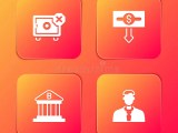 Set Safe Dollar Rate Decrease Bank Building And Worker Icon Vector