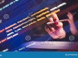 Programmer At Home Writes Programming Code Script On Virtual Screen