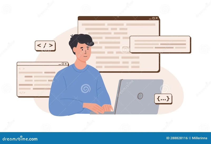 Programmer Working On Web Development In Php Python Javascript On - Desktop City Illustrations for Desktop