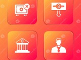 Set Safe Dollar Rate Decrease Bank Building And Worker Icon Vector