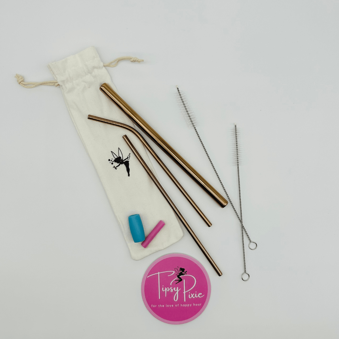 Reusable Rose Gold Metal Straw Set - Tipsy Pixie Box
