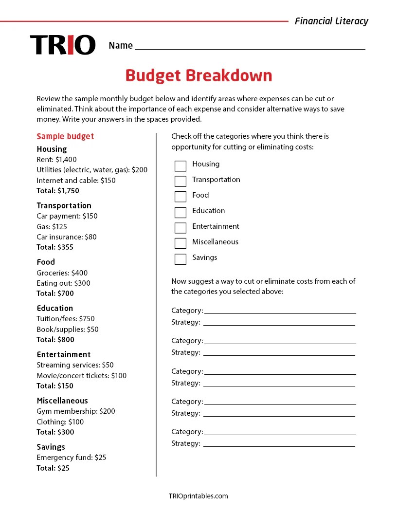 Budget Breakdown Activity Sheet Trio Printables