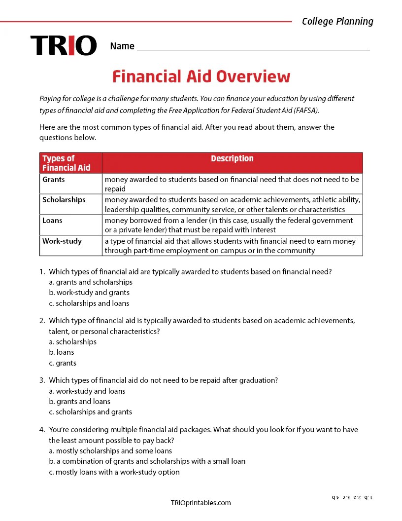 Financial Aid Overview Activity Sheet Trio Printables