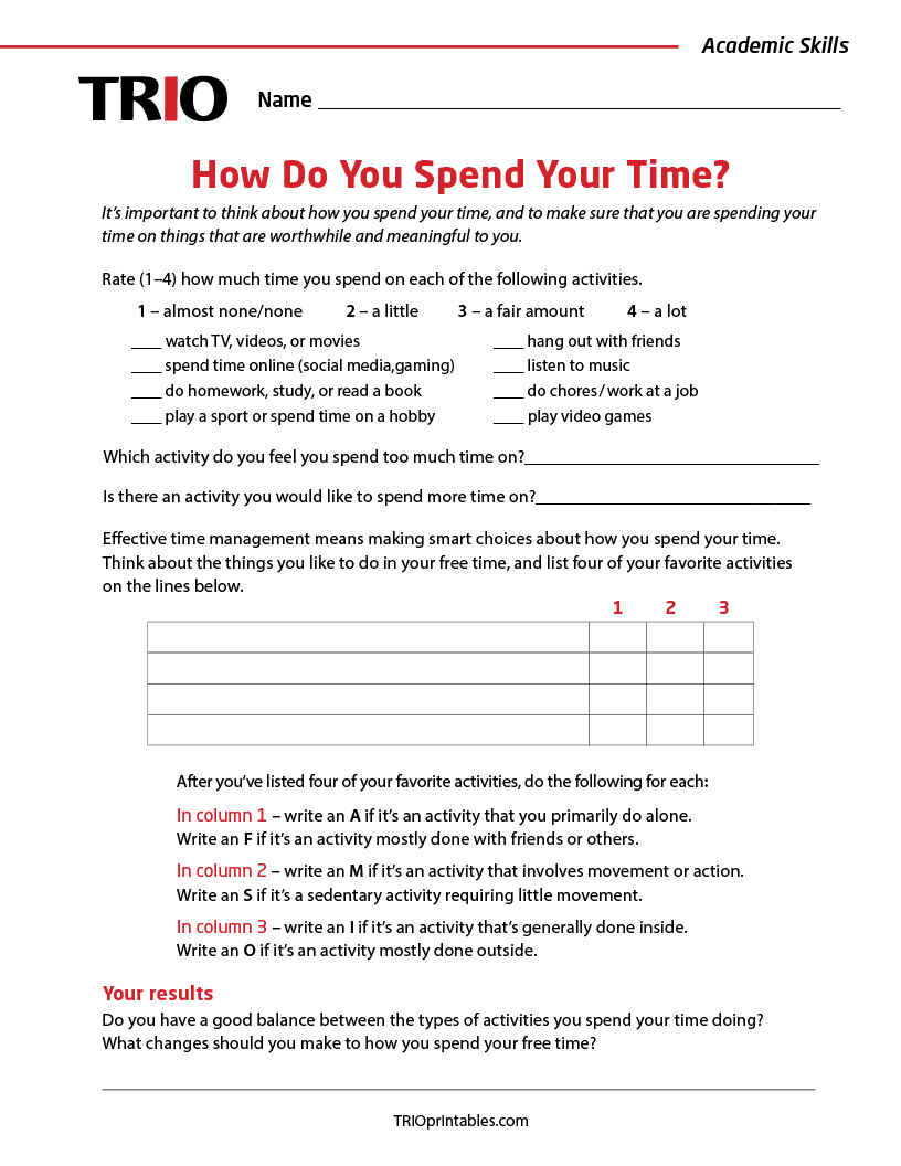 How Do You Spend Your Time Activity Sheet Trio Printables