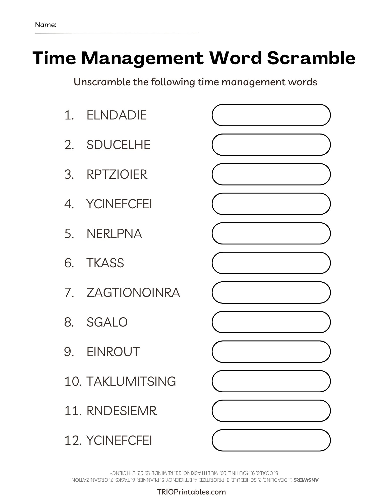 Time Management Word Scramble Puzzle Trio Printables