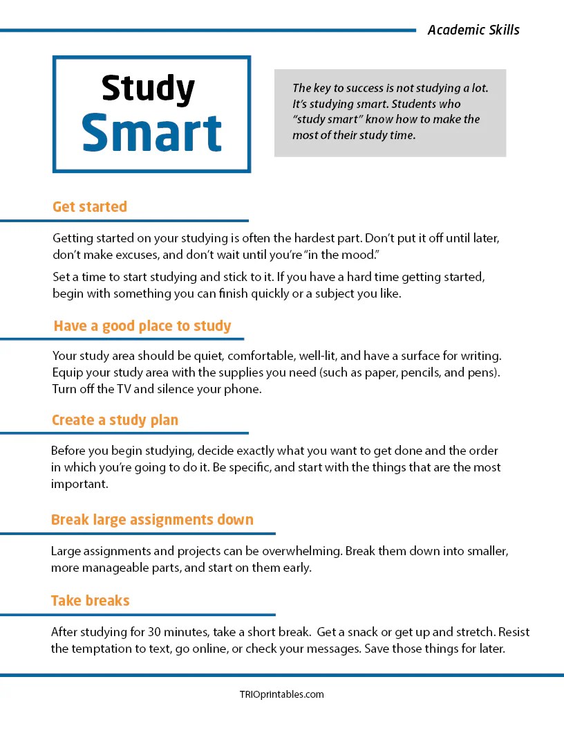 Study Smart Informational Sheet Trio Printables