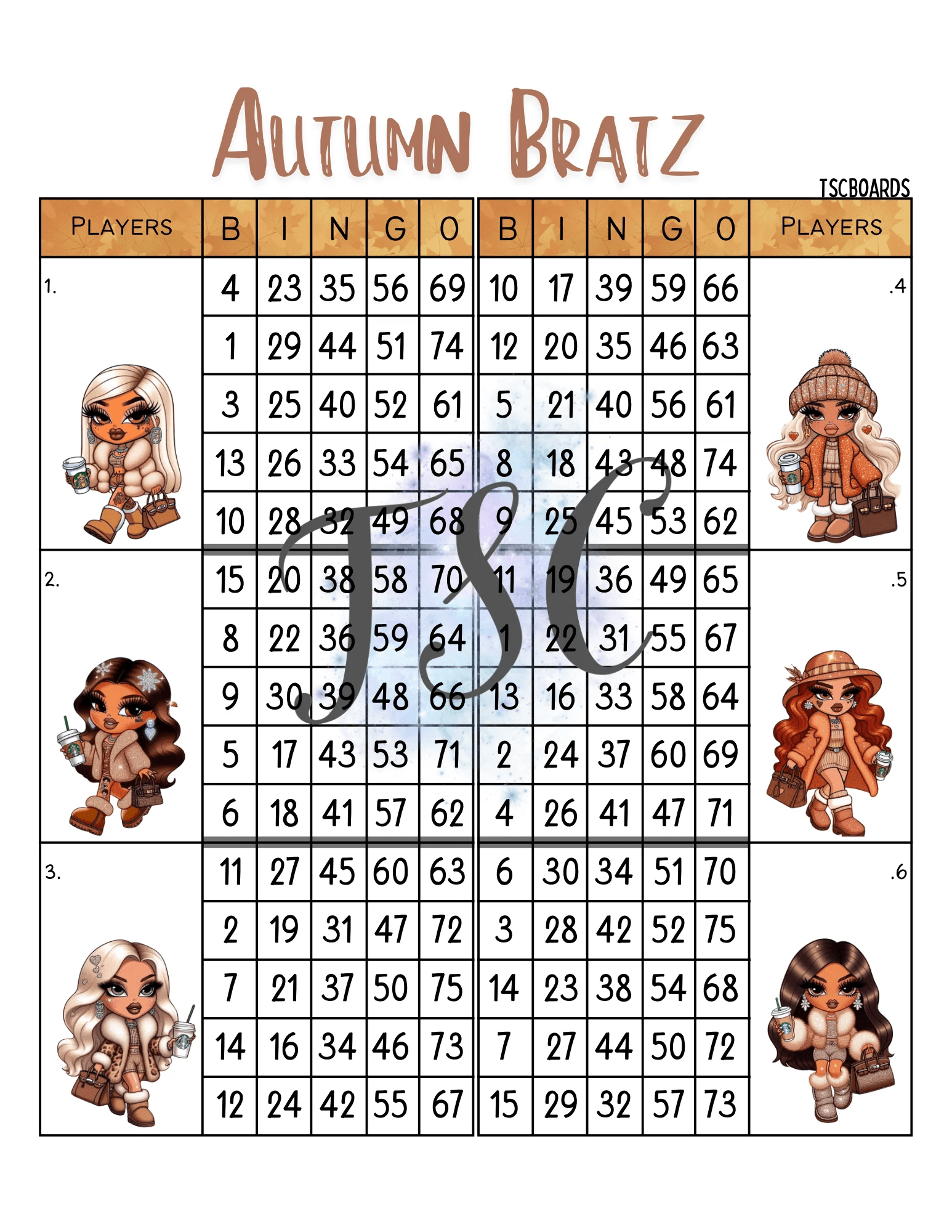 Autumn Bratz Double Block Bingo Board 1 75 Ball Tscboards
