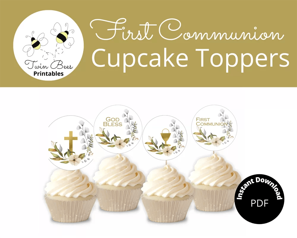 Set of 12 Printable Gold First Communion Cupcake Toppers - Twin Bees