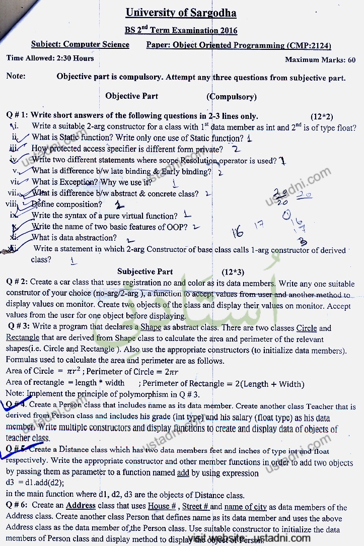 Object Oriented Programming BSCS 2016 Paper#2 UOS - Ustadni