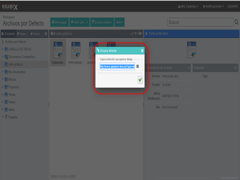 ¿Cómo ver el enlace directo de un archivo en AjaXplorer? — Webirix