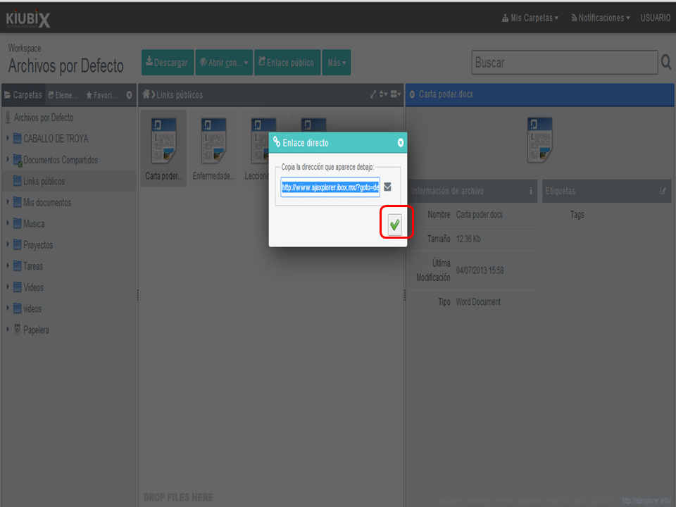 ¿Cómo ver el enlace directo de un archivo en AjaXplorer? — Webirix