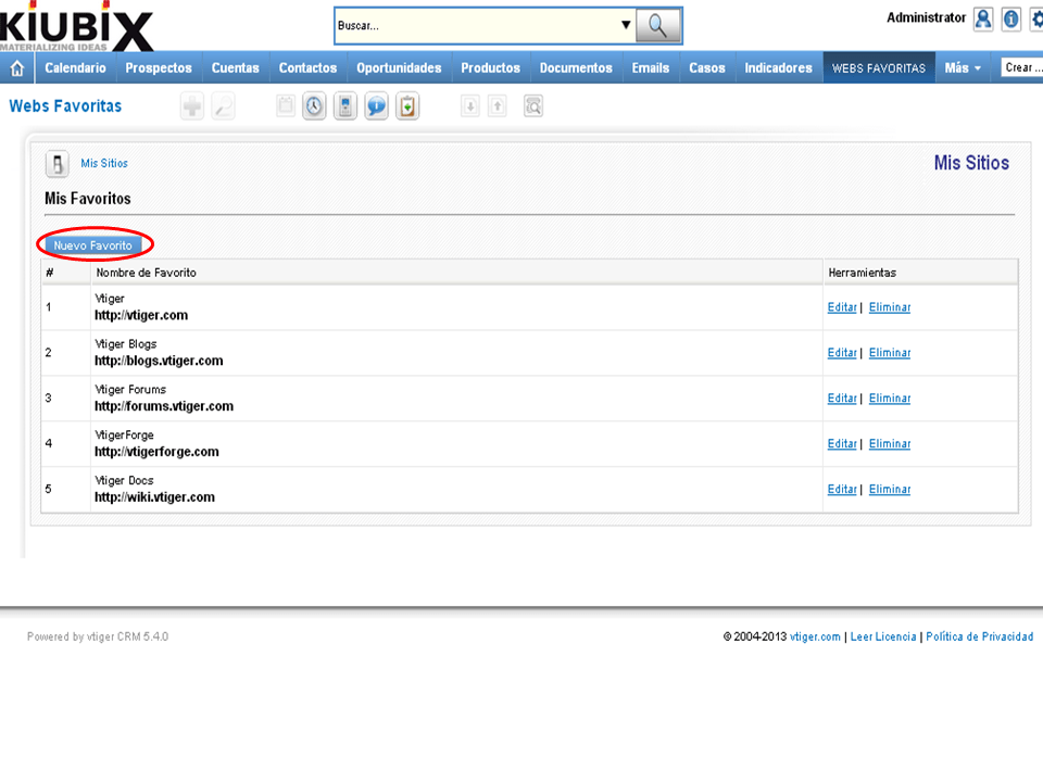¿Cómo agregar una Web favorita en VTiger? — Webirix