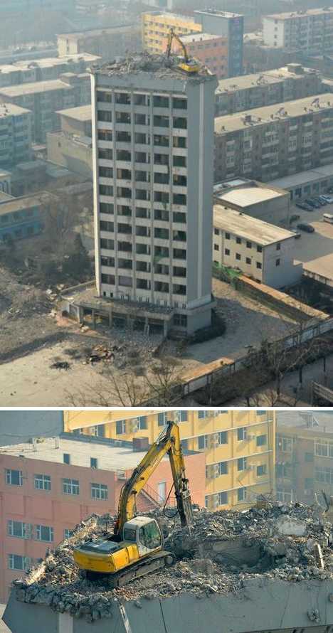 High Anxiety: Rooftop Excavators Tear Down from Up Top | Interior ...