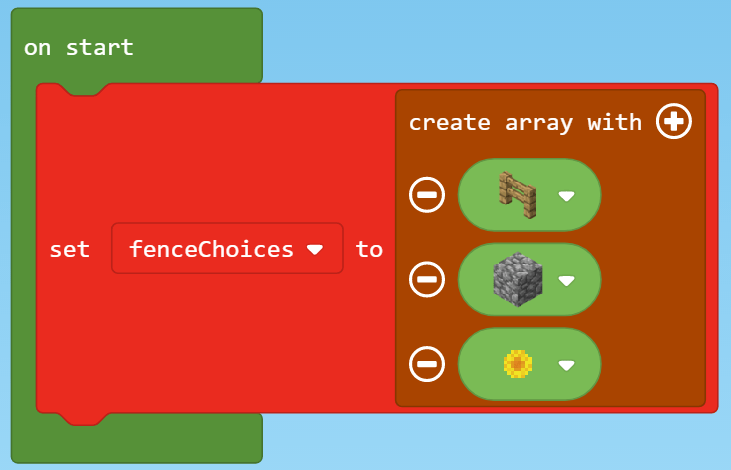 Builder Fence with Size and Block Arguments in MakeCode for Minecraft | We Code MakeCode
