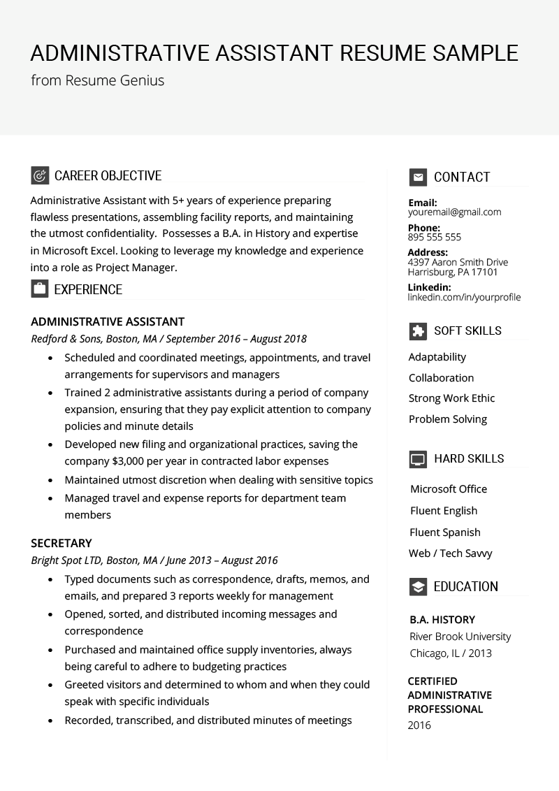 Sample Resume Objectives Administrative Assistant Resume Example ...