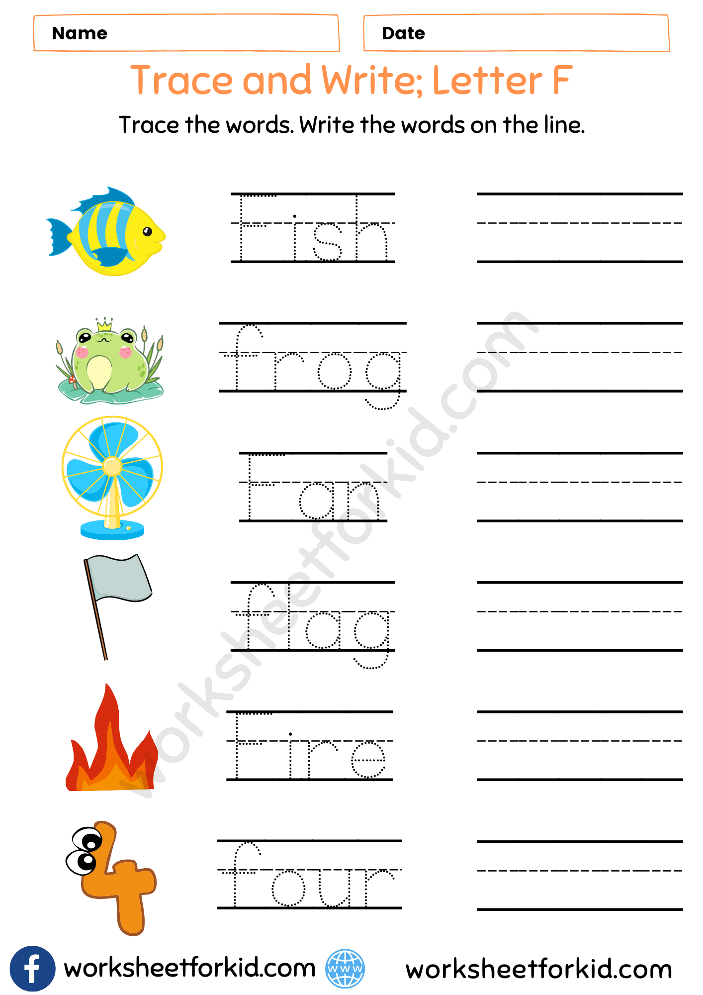 Trace and Write Words Worksheet-Letter F - WorksheetForKid