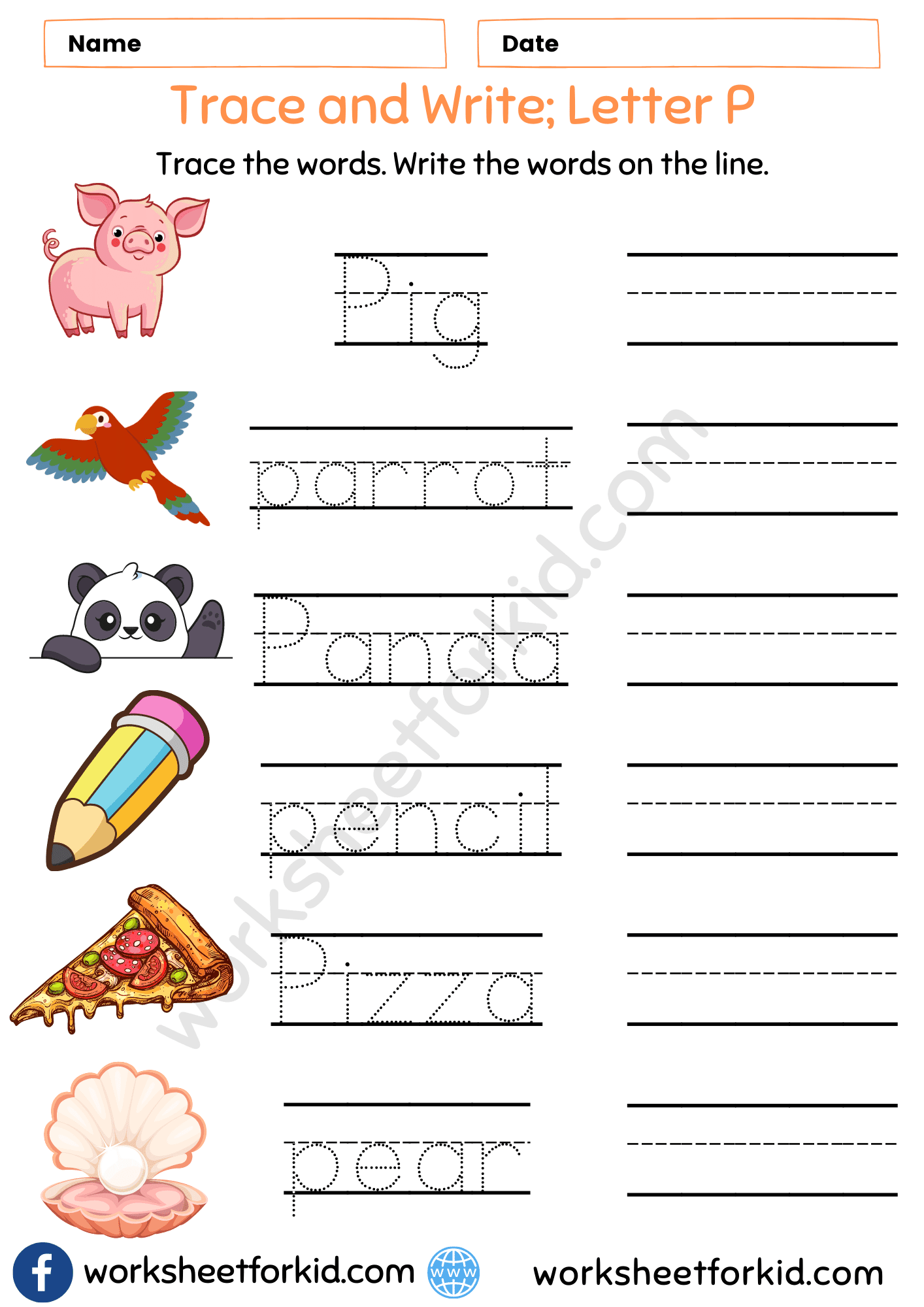 Trace and Write Words Worksheet-Letter P - WorksheetForKid