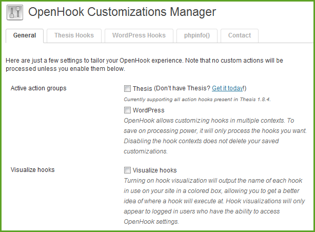 Thesis OpenHook Customizations Manager Plugin for WordPress