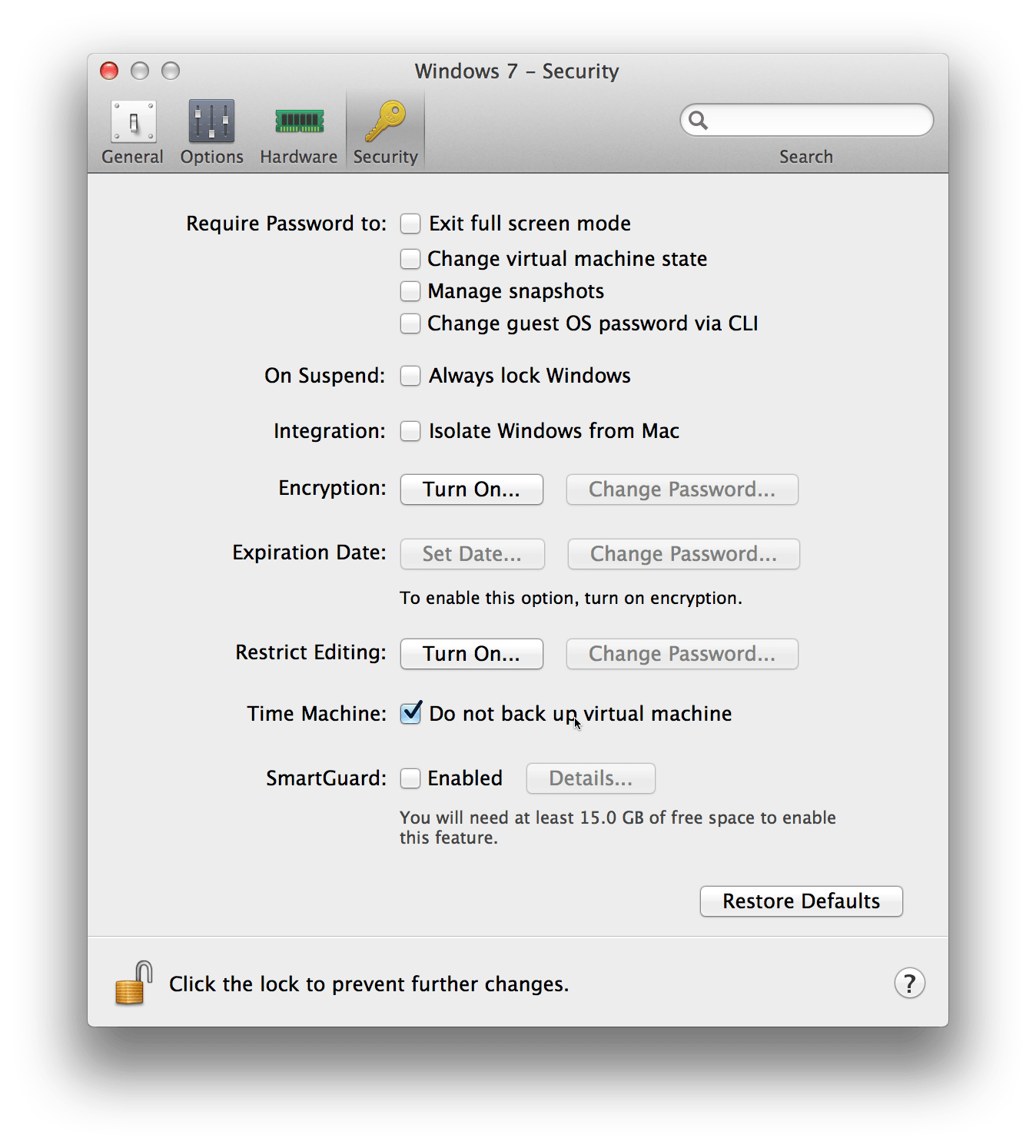 Security Configuration Dialog - @Peaz 2.0