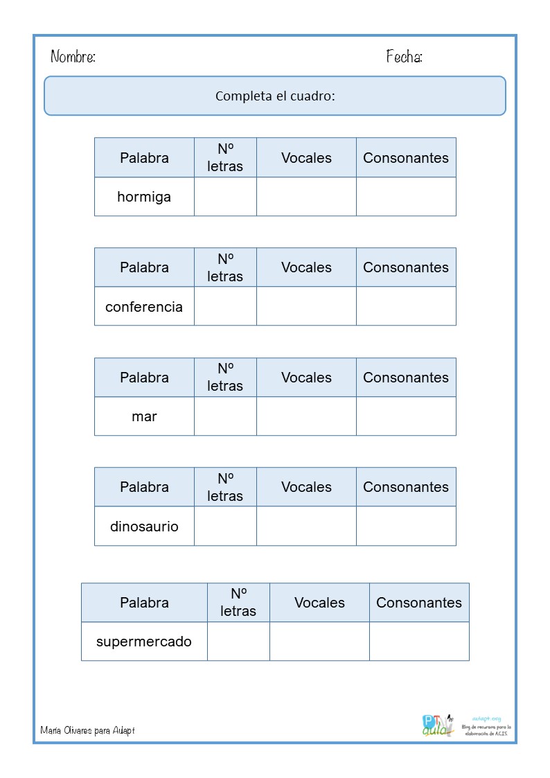 Letras de una palabra: Vocales y consonantes - Aula PT