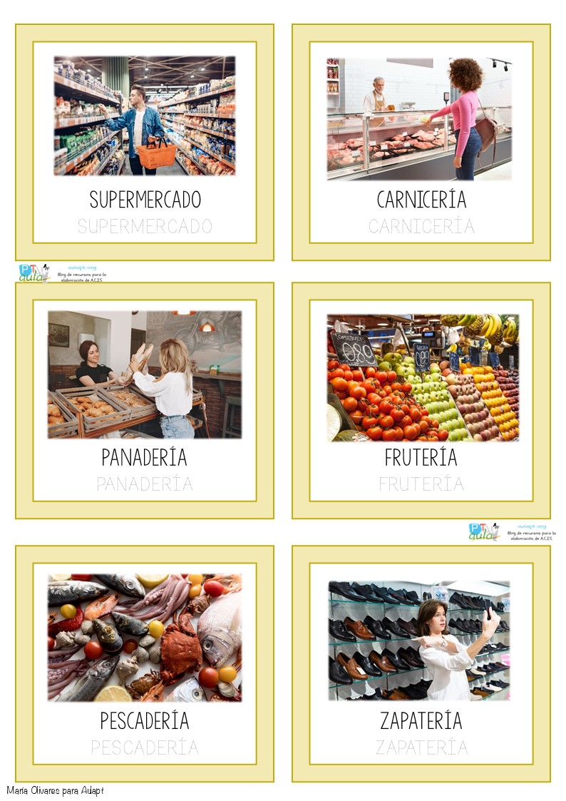 Baraja de vocabulario «Tiendas» con fotografías reales - Aula PT