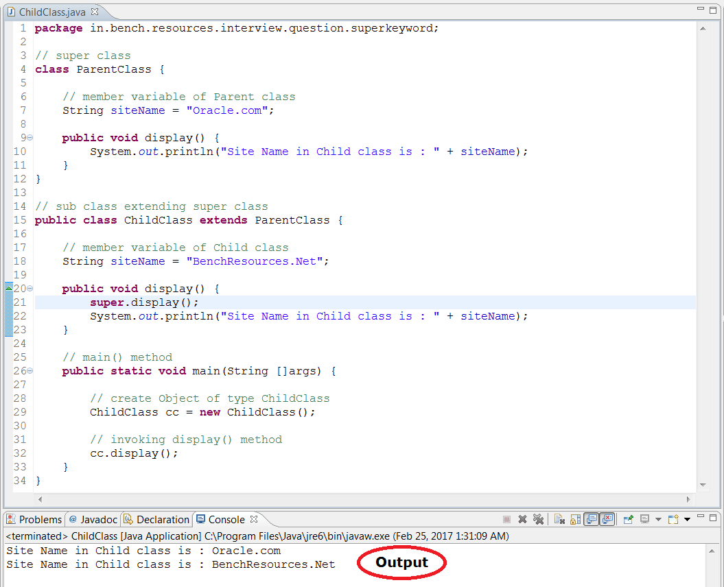 Java - Interview question and answer on super keyword - BenchResources.Net
