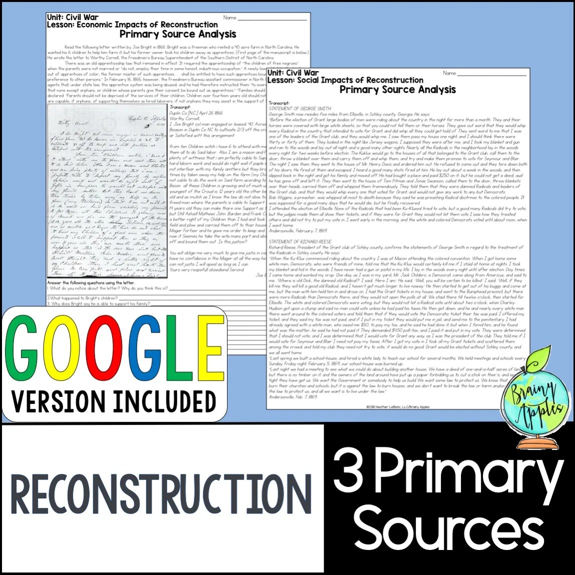 Free Reconstruction Primary Source Activity - Brainy Apples