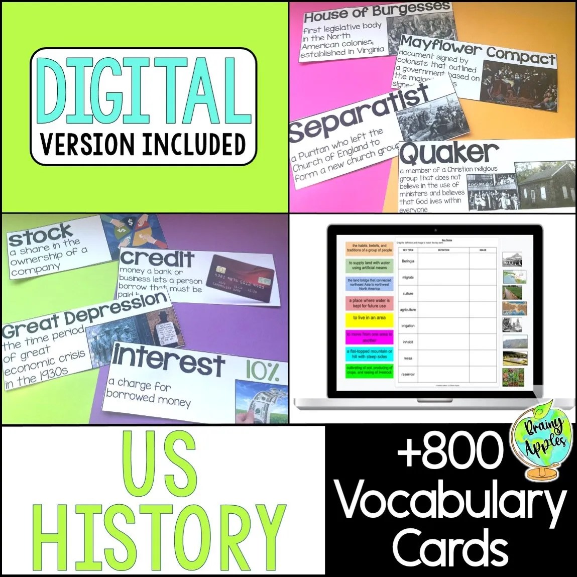 US History Word Wall - Vocabulary Cards Bundle - Brainy Apples