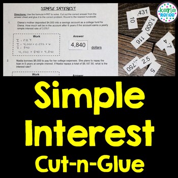 Simple Interest Worksheet - Cut and Glue - 7.RP.3 - Bright in the Middle