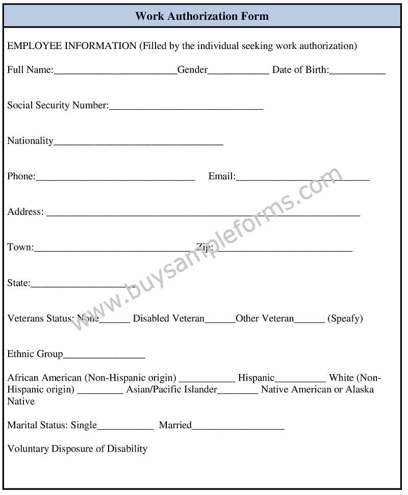 Work Authorization Form Template Printable Word Format