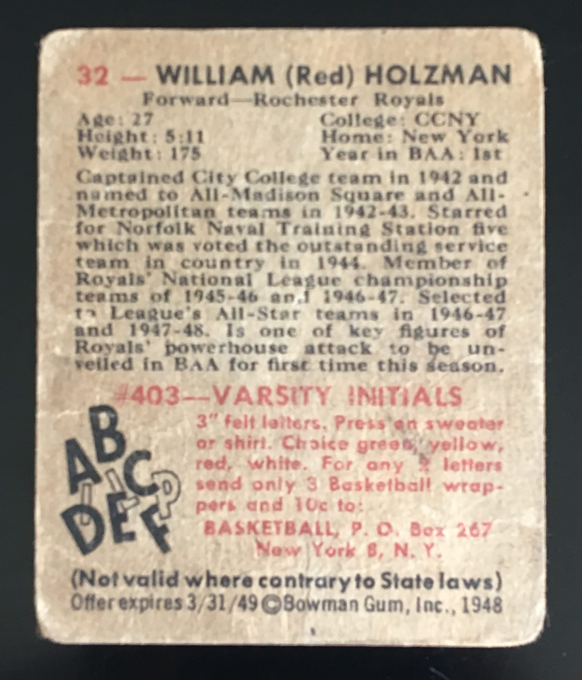 1948 Bowman #32 William “Red” Holzman Rookie – Cataloged Clutter