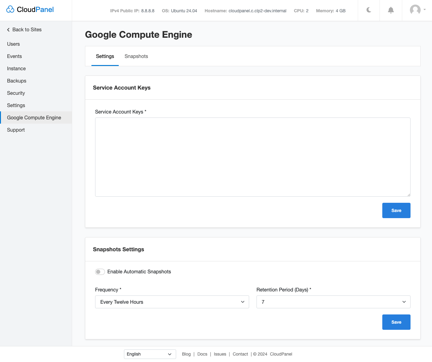 Google Compute Engine Cloudpanel Documentation