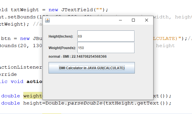 Program to Calculate Body Mass Index (BMI) in GUI Java - Programming Code Examples