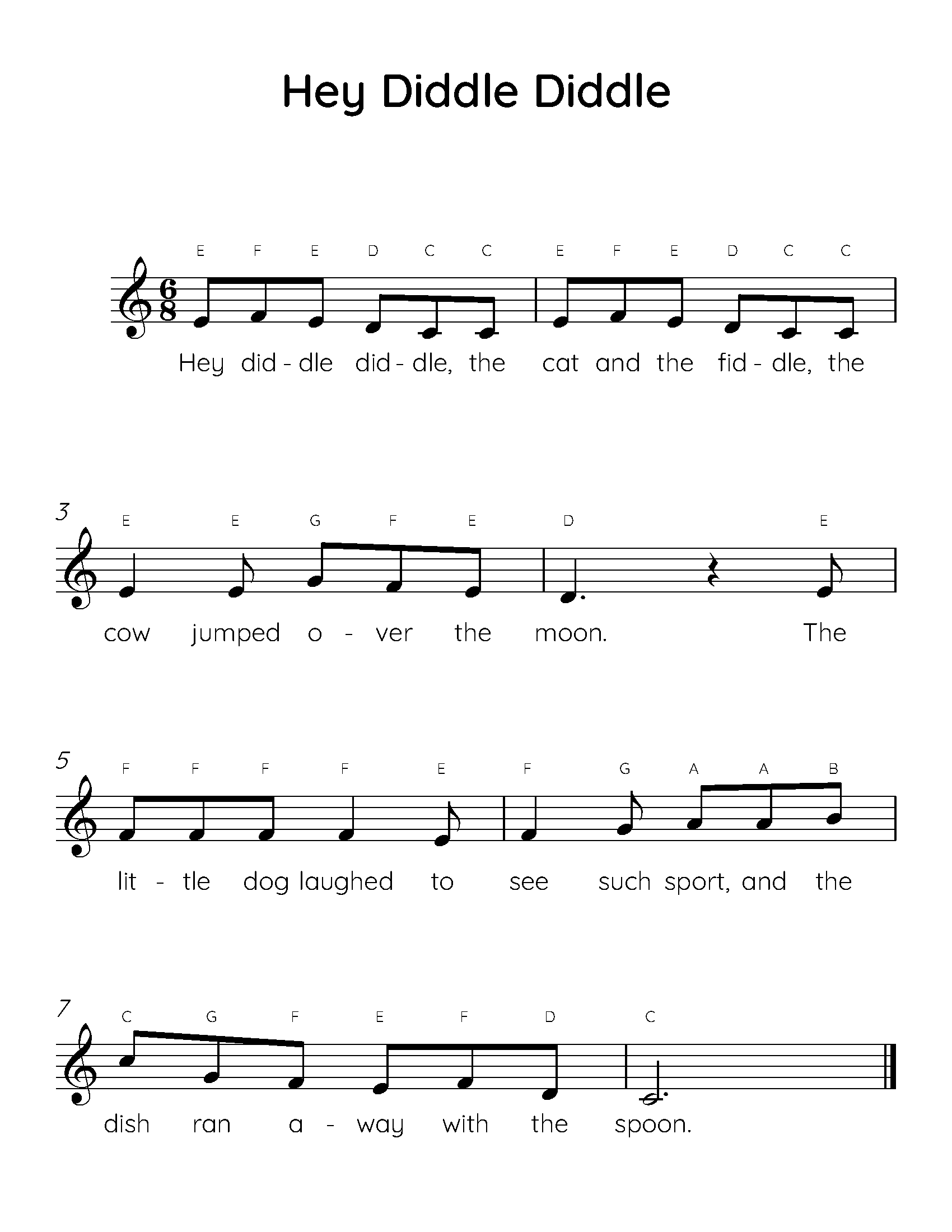 Hey Diddle Diddle Easy Piano Sheet Music